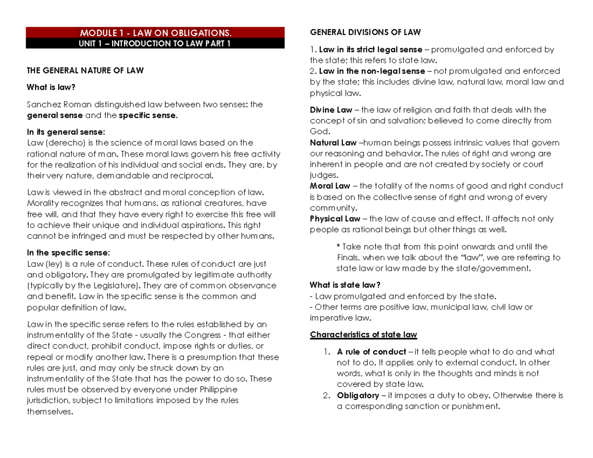 Oblicon-Reviewer - lol - MODULE 1 - LAW ON OBLIGATIONS. UNIT 1 ...