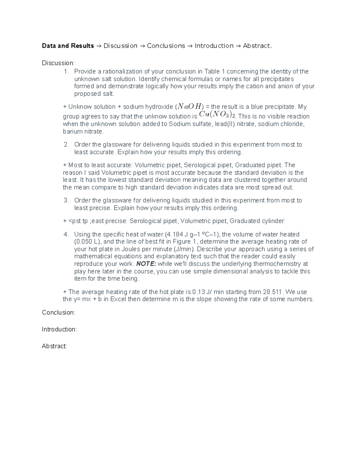 Abbreviate report Lab 1 - Data and Results → Discussion → Conclusions → ...