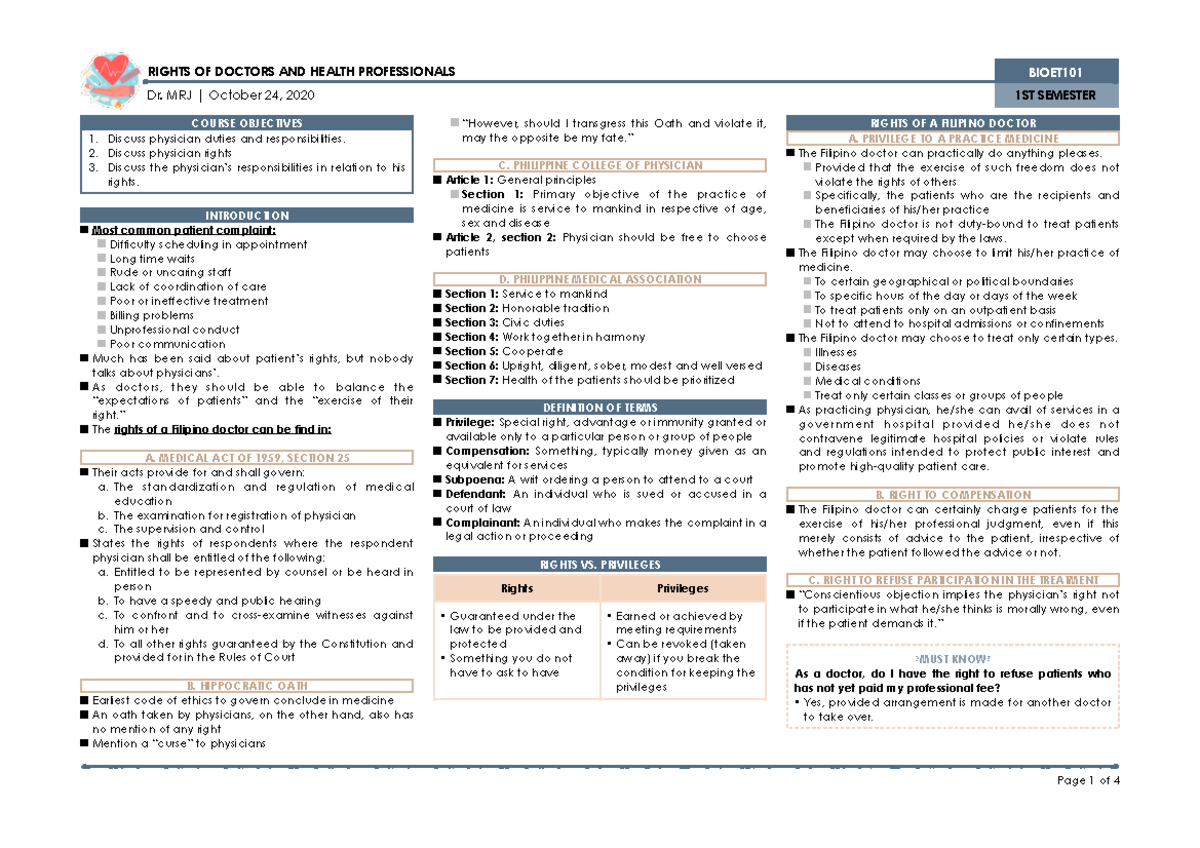 Rights of Doctors and Health Professionals - 1ST SEMESTER Dr. MRJ ...