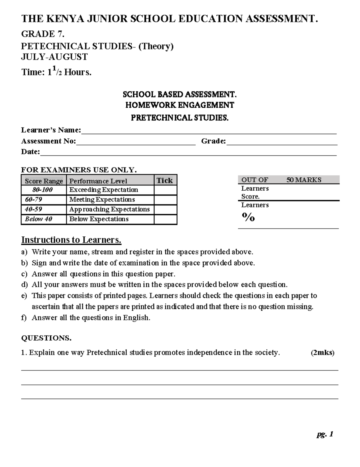 G7 Pre-Technical Studies - THE KENYA JUNIOR SCHOOL EDUCATION ASSESSMENT ...