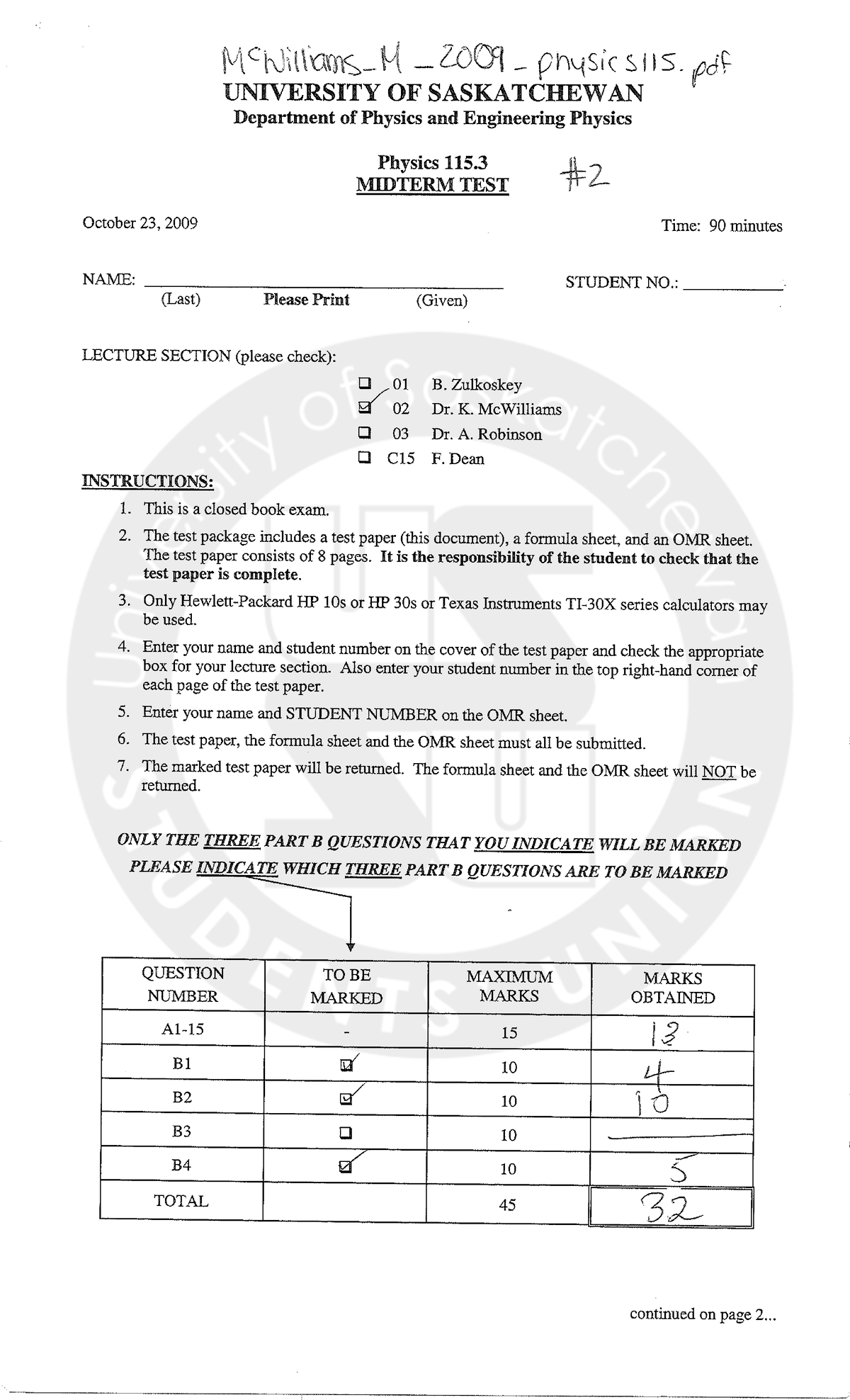 Exam 2009, questions and answers - Phys 115.3 - Studocu