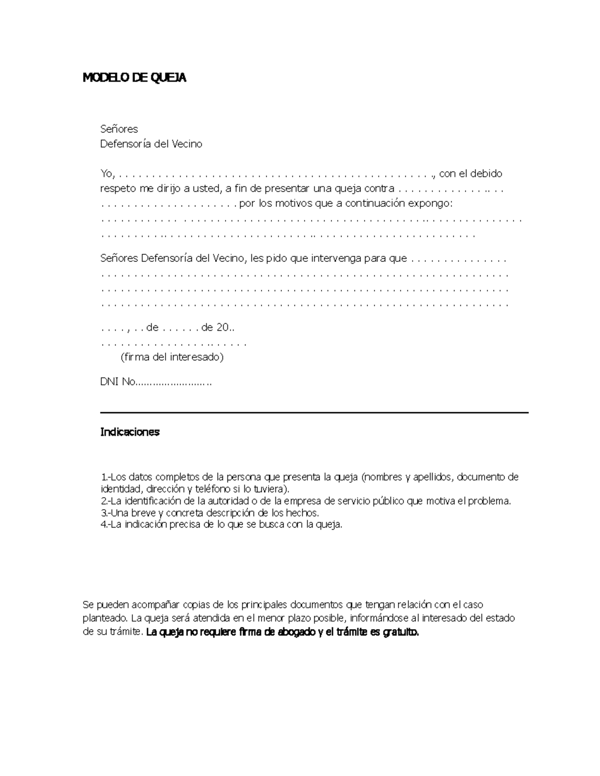 Modelo-de-queja - Modelo de queja - MODELO DE QUEJA Señores Defensoría ...
