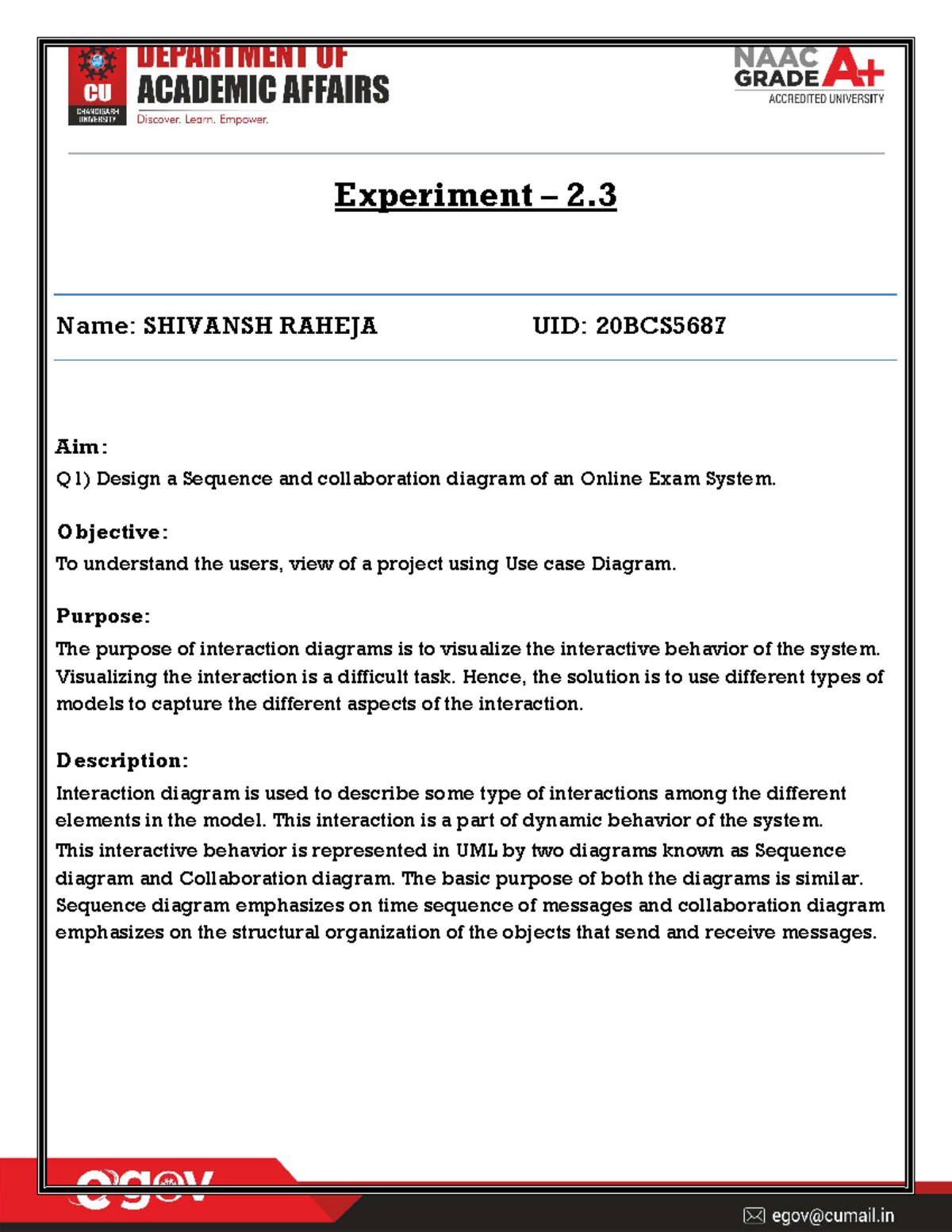 SE LAB 2.3 Q1 - SE LAB 2.3 Q1 - Experiment – 2. Name: SHIVANSH RAHEJA ...