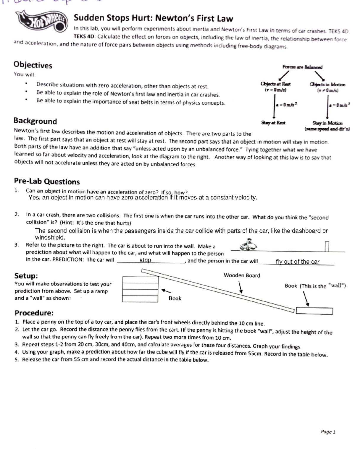 Newton’s First Law Hot Wheels Lab Absent Data - ~ Sudden Stops Hurt ...