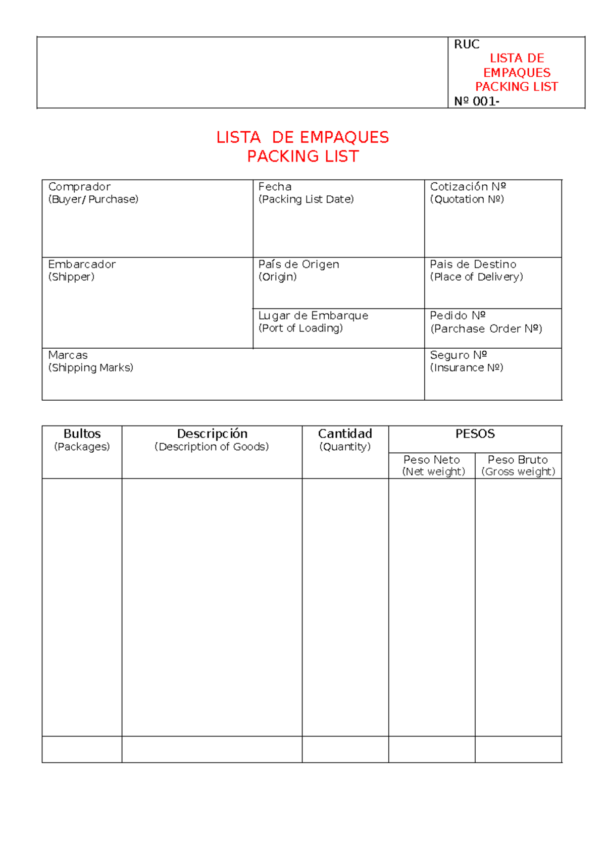 Lista-de-Empaque - Informe de documentos de Exportación - RUC LISTA DE ...