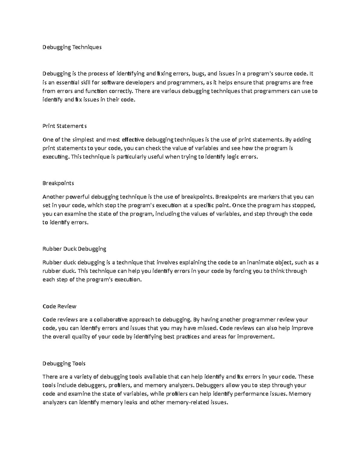 Debugging Techniques - Debugging Techniques Debugging is the process of ...