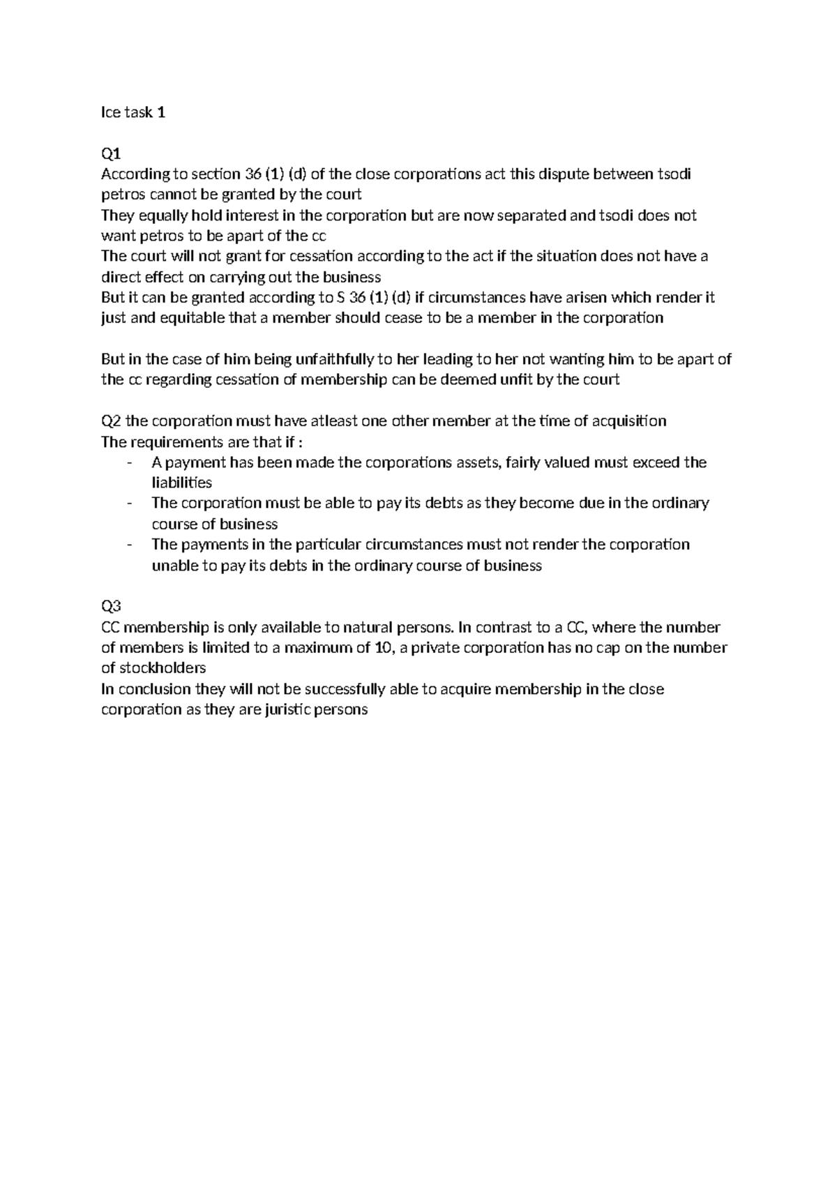 LAW OF Entterprise Structures - Ice task 1 Q According to section 36 (1 ...