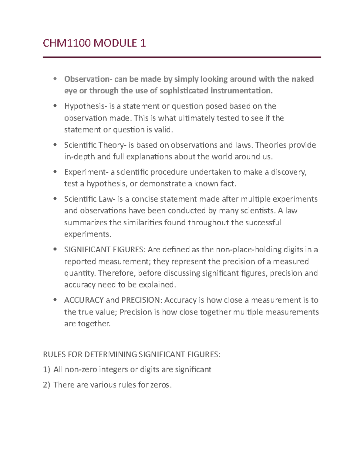 CHM1100 Module 1 Notes - CHM1100 MODULE 1 Observation- can be made by ...