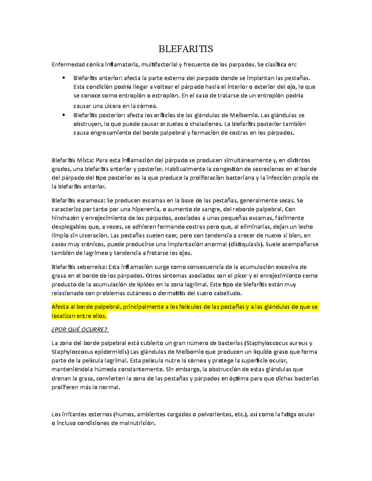 Blefaritis - Apuntes 1 - BLEFARITIS Enfermedad cónica inflamatoria ...