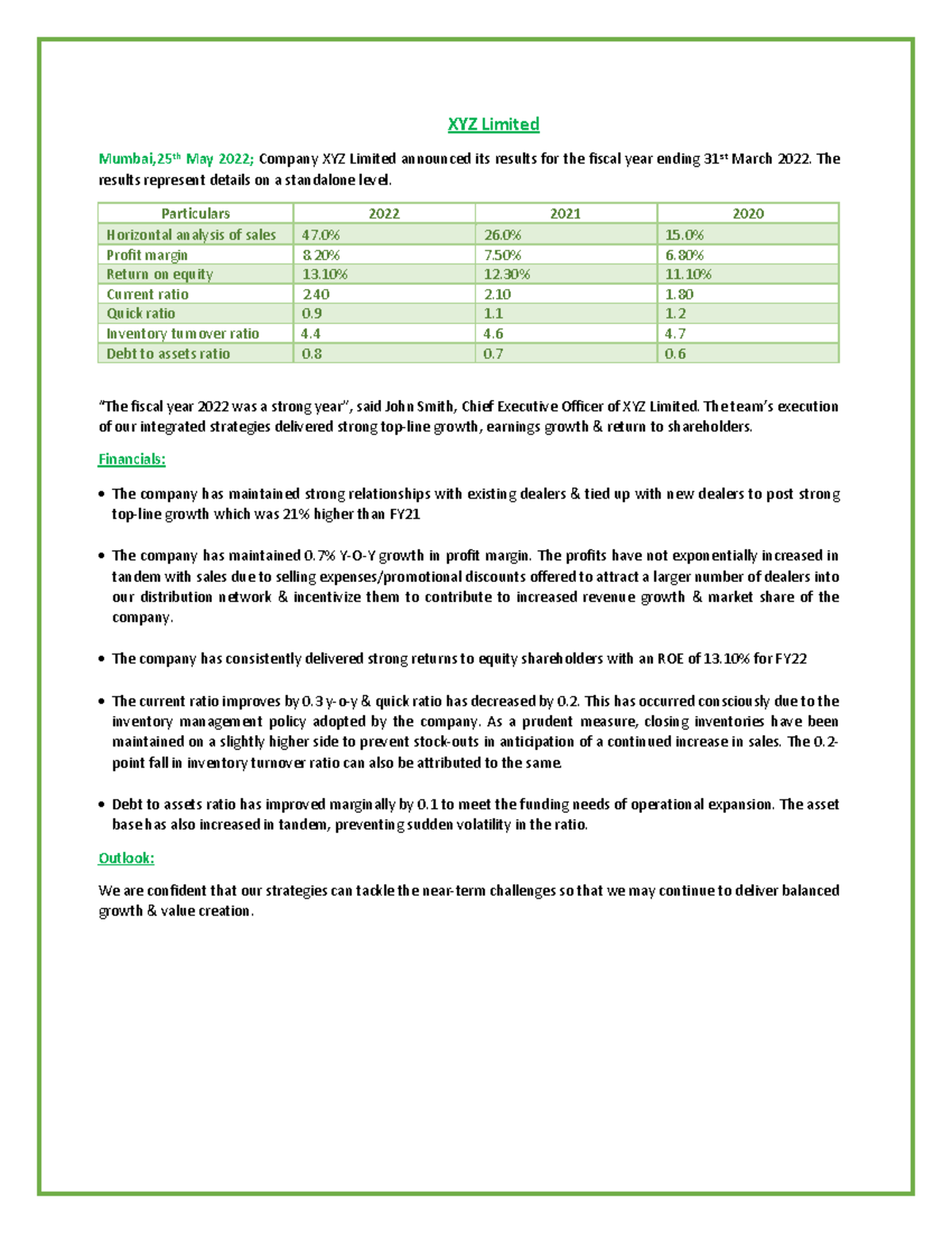 Sample Answer Ratio Comprehensive Question - XYZ Limited Mumbai,25th ...
