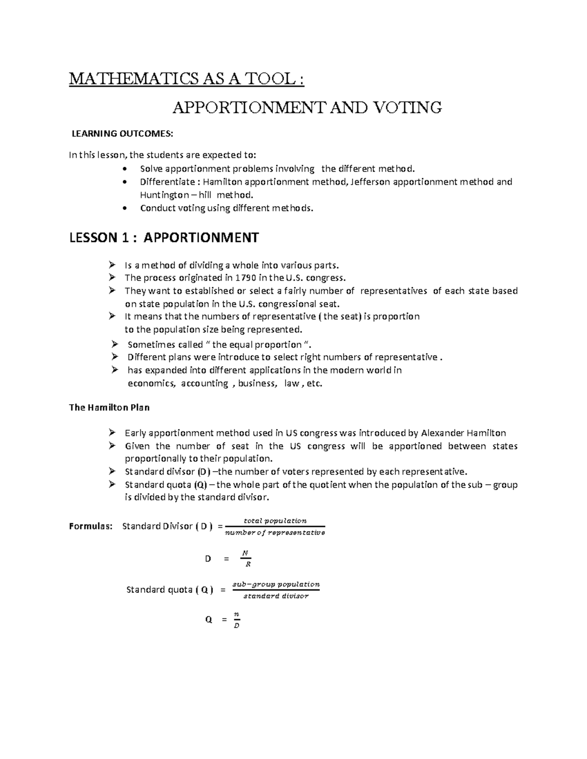 Apportionment and Voting finals - MATHEMATICS AS A TOOL : APPORTIONMENT ...