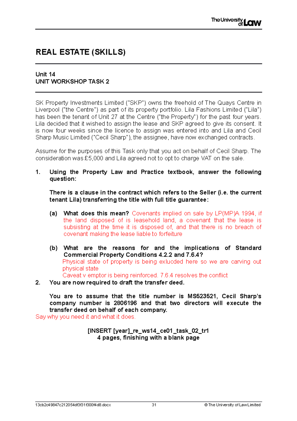 Real esate workshop 14 task 2 - REAL ESTATE (SKILLS) Unit 14 UNIT WORKSHOP TASK 2 SK Property ...