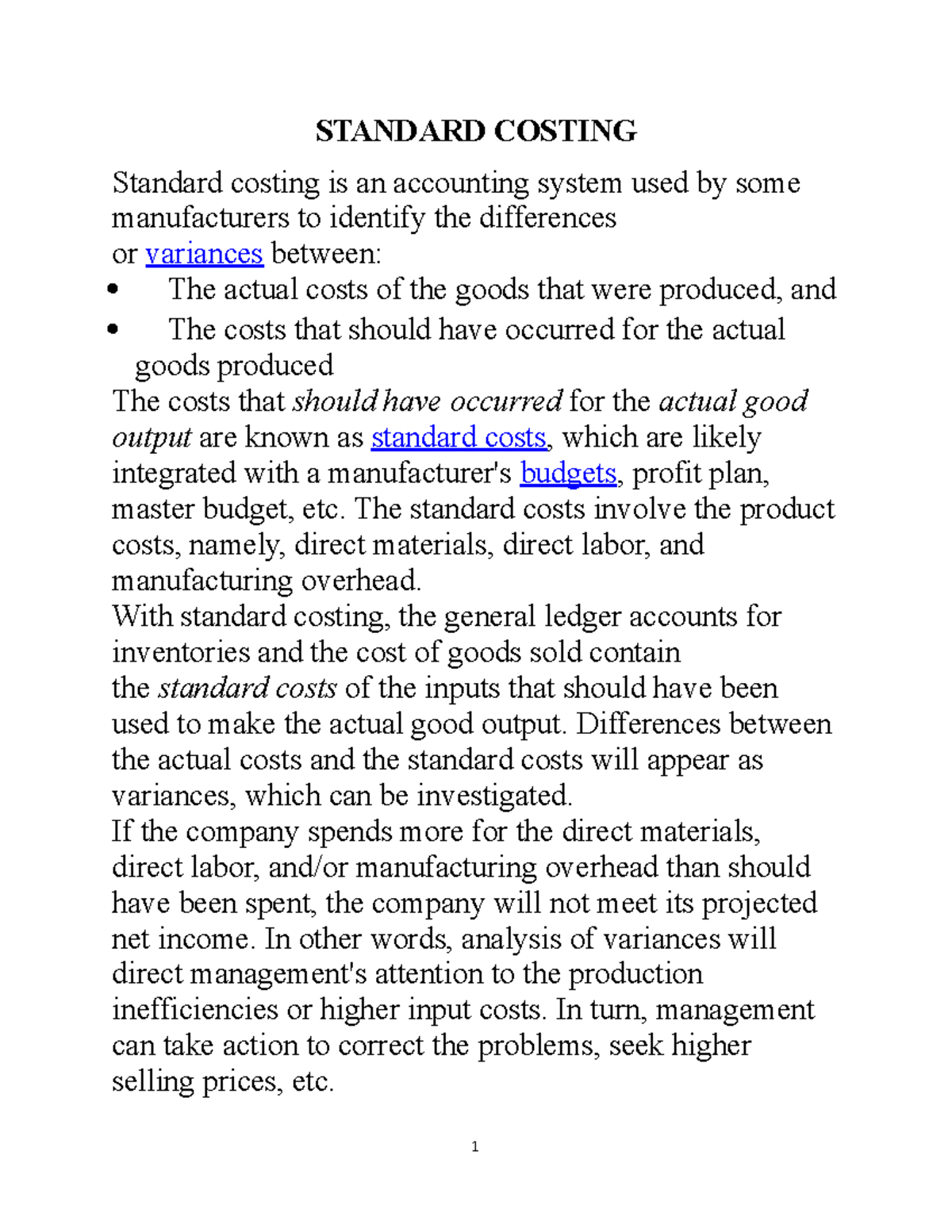 Standard Costing - Lecture notes 8 - STANDARD COSTING Standard costing ...