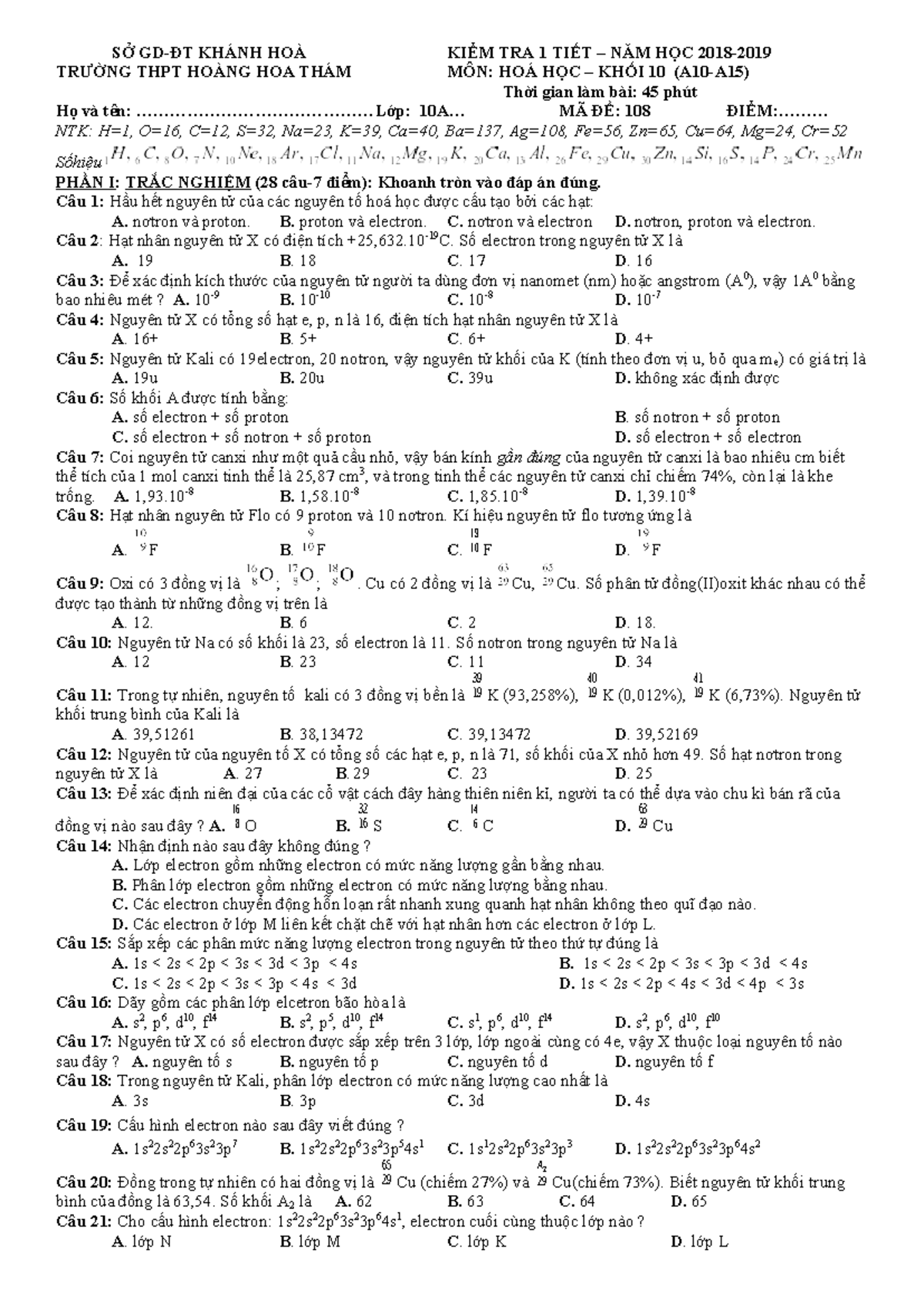 De va dap an Kiem tra 1 tiet-Hoa 10-lan 1-2018 - SỞ GD-ĐT KHÁNH HOÀ KIỂM TRA 1 TIẾT – NĂM HỌC ...