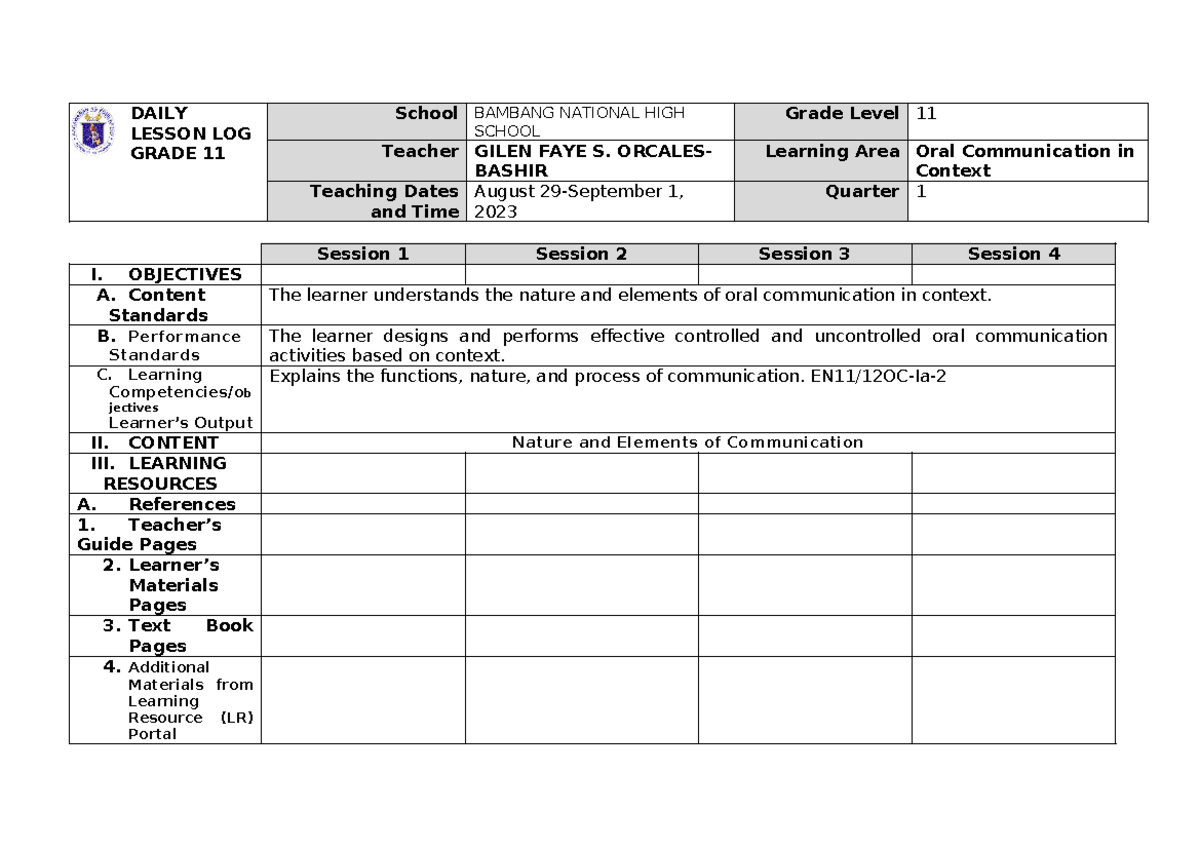 Oral comm Aug 29-Sept 1 - DAILY LESSON LOG GRADE 11 School BAMBANG ...