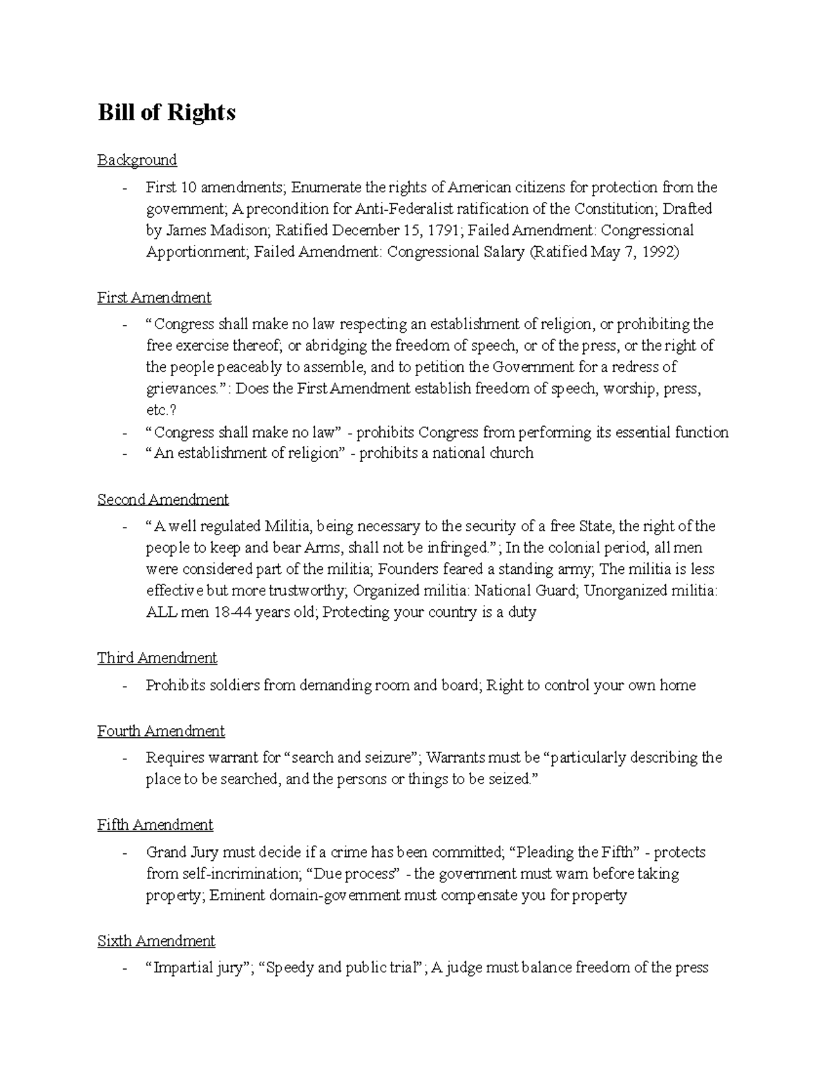 Bill of Rights Lecture Notes - Mileham, Kayla - Bill of Rights ...