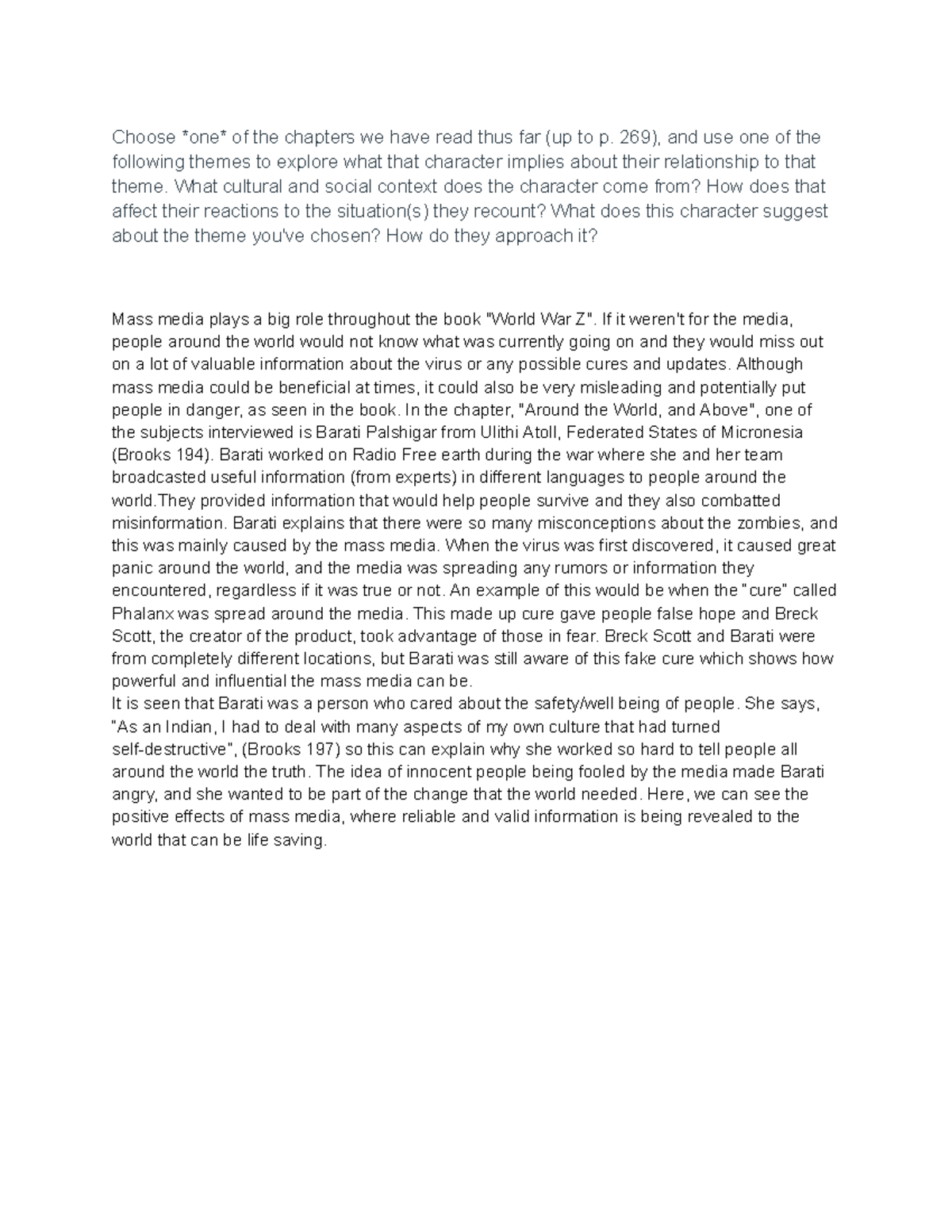 World War Z Discussion - Choose one of the chapters we have read thus ...