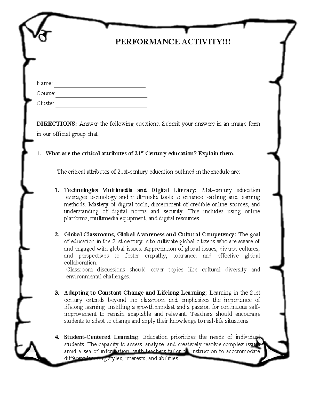 Performance Activity - PERFORMANCE ACTIVITY!!! Name: Course: Cluster ...