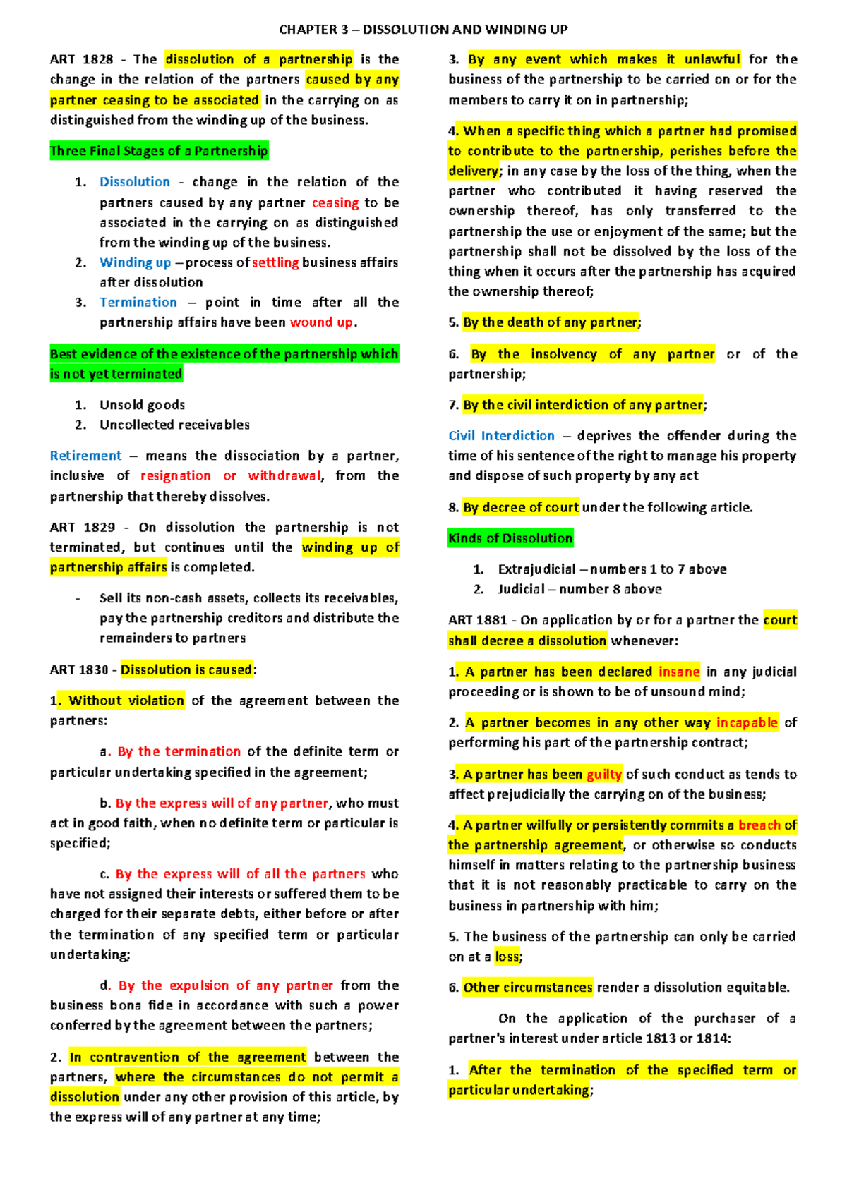 Chapter 3 - Summary of dissolution and winding up - ART 1828 - The dissolution of a partnership ...