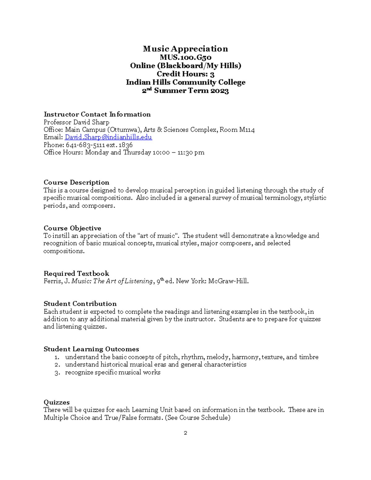 MUS.100.G50 Course Syllabus Summer 2023 - Music Appreciation MUS.100 ...