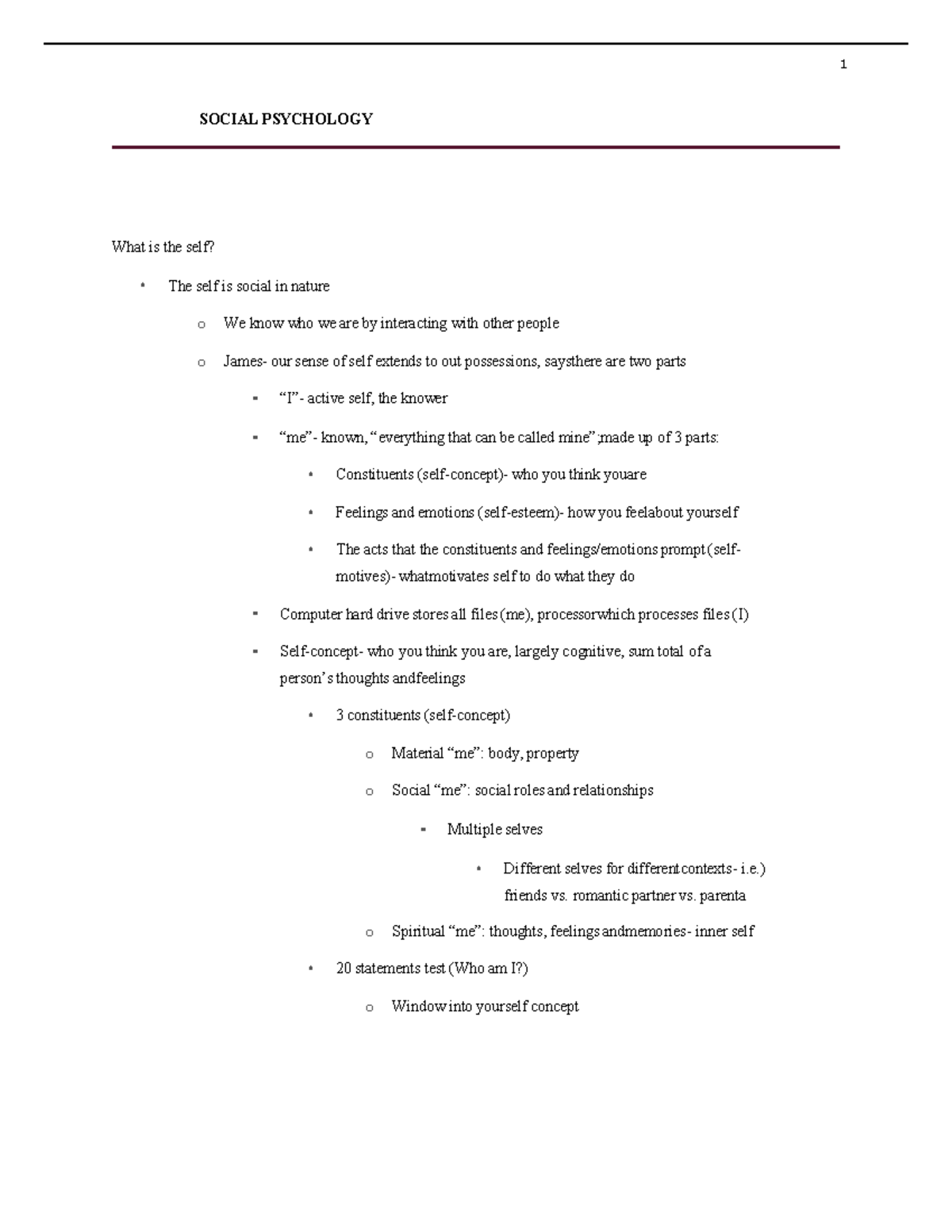 Introduction to Social Psychology - SOCIAL PSYCHOLOGY What is the self ...