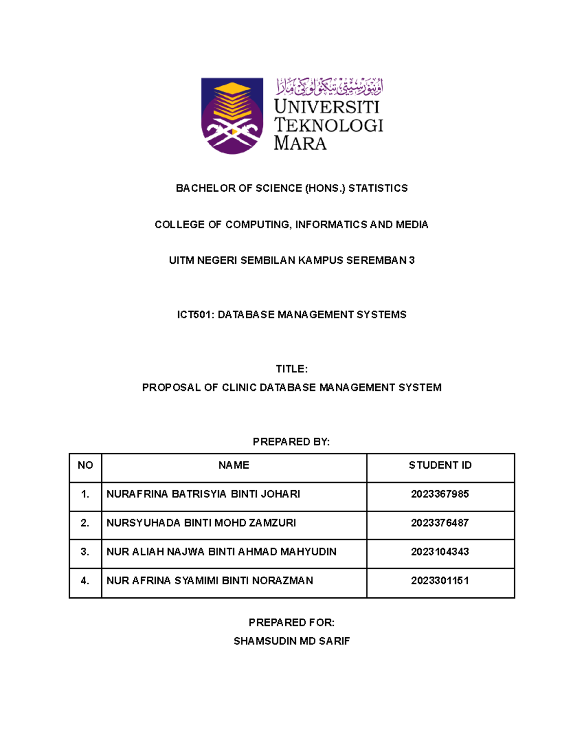 Proposal ict501 - BACHELOR OF SCIENCE (HONS.) STATISTICS COLLEGE OF COMPUTING, INFORMATICS AND ...
