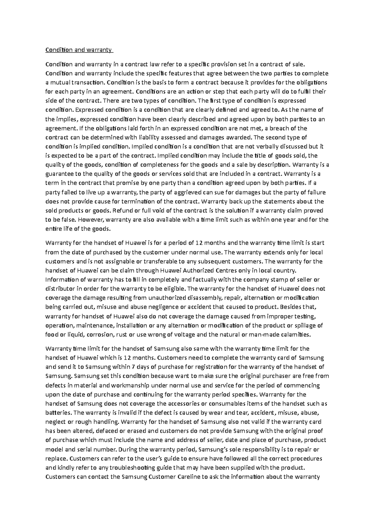 Condition and warranty - Condition and warranty Condition and warranty ...