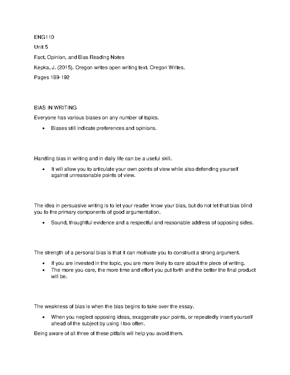 ENG110 Unit 5 Fact, Opinion, and Bias Reading Pages 189 - 192 Notes ...