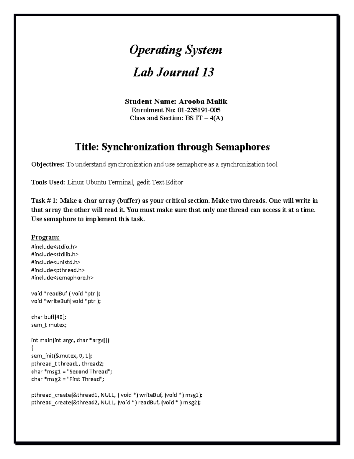 Lab Journal 13 Operating System Synchronization Through Semaphores Operating System Lab