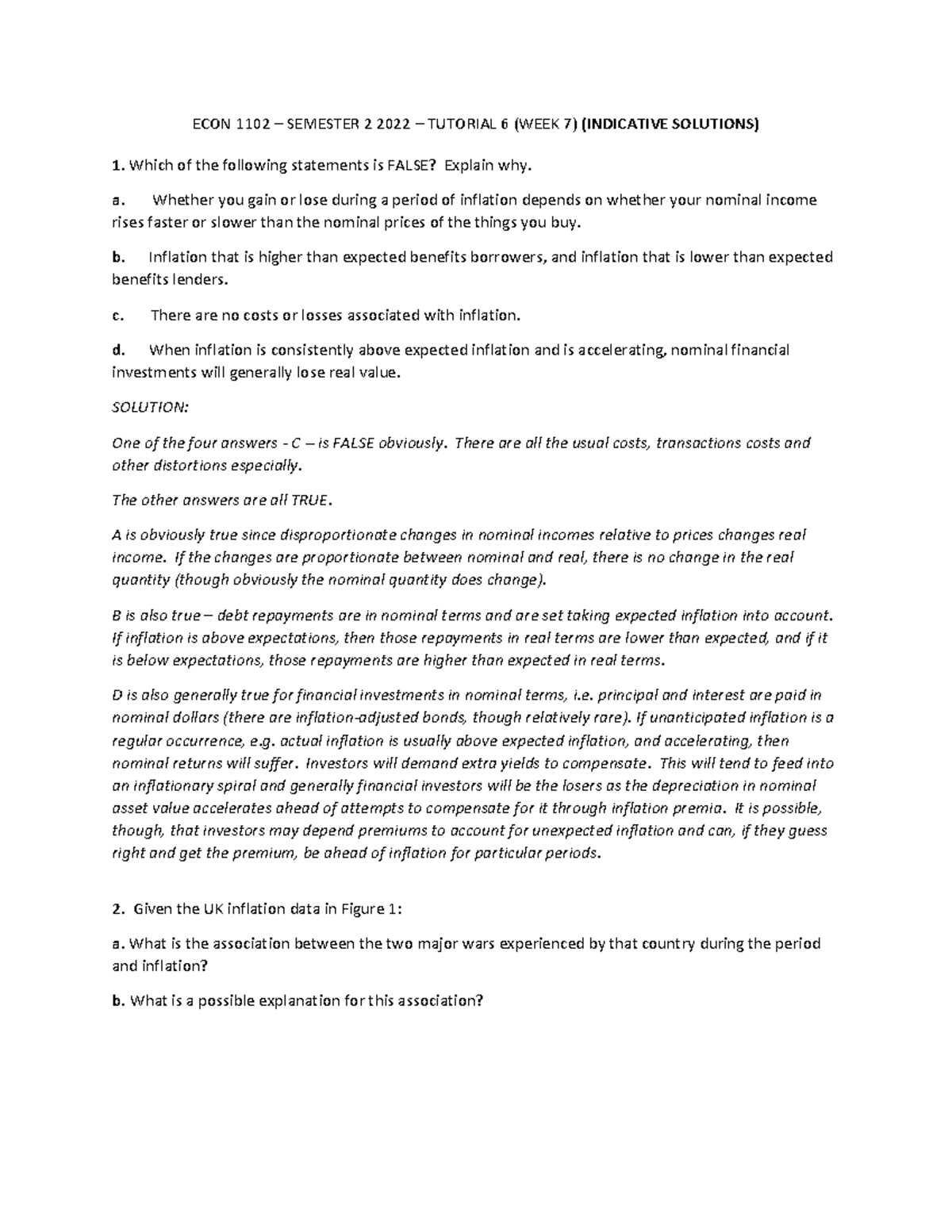 TUTE 6 - Week 7 - 2022 S2 Solutions - ECON 1102 – SEMESTER 2 2022 – TUTORIAL 6 (WEEK 7 ...