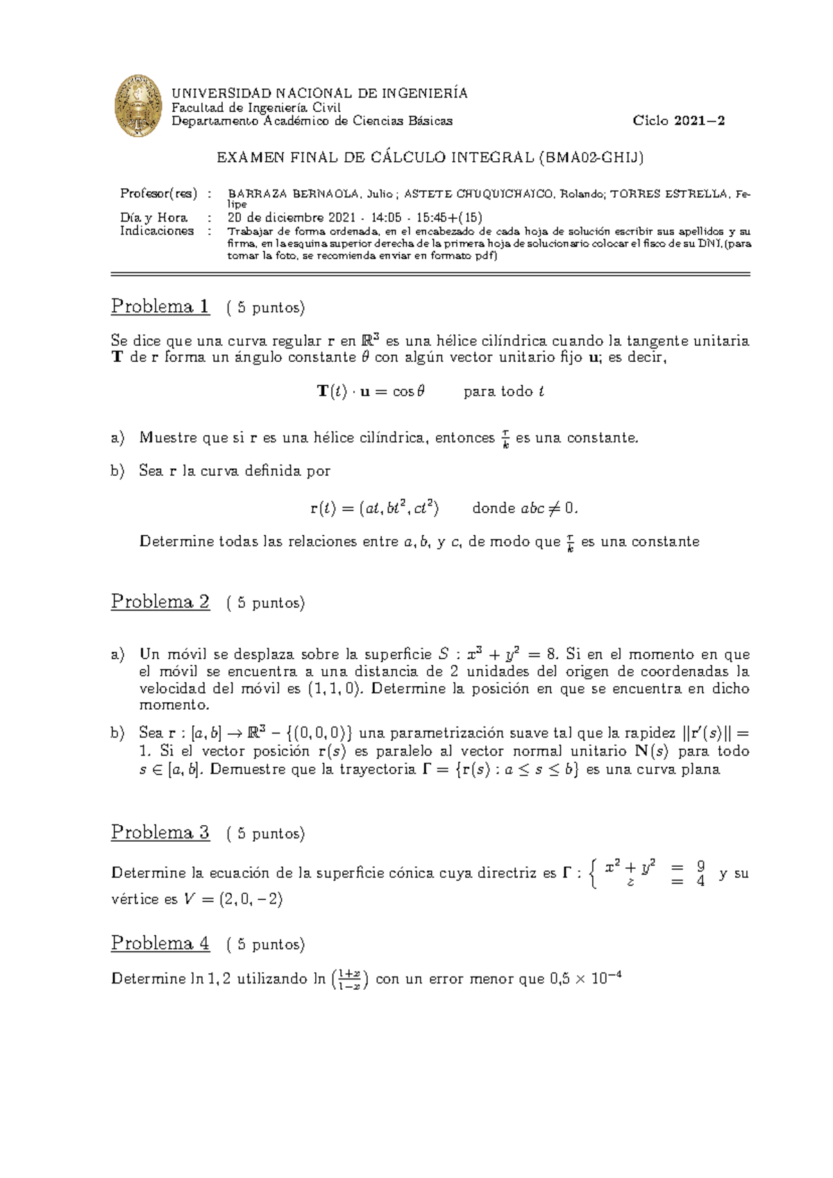 EF BMA02 2020 1 - examen final - UNIVERSIDAD NACIONAL DE INGENIER ́IA Facultad de Ingenier ́ıa ...