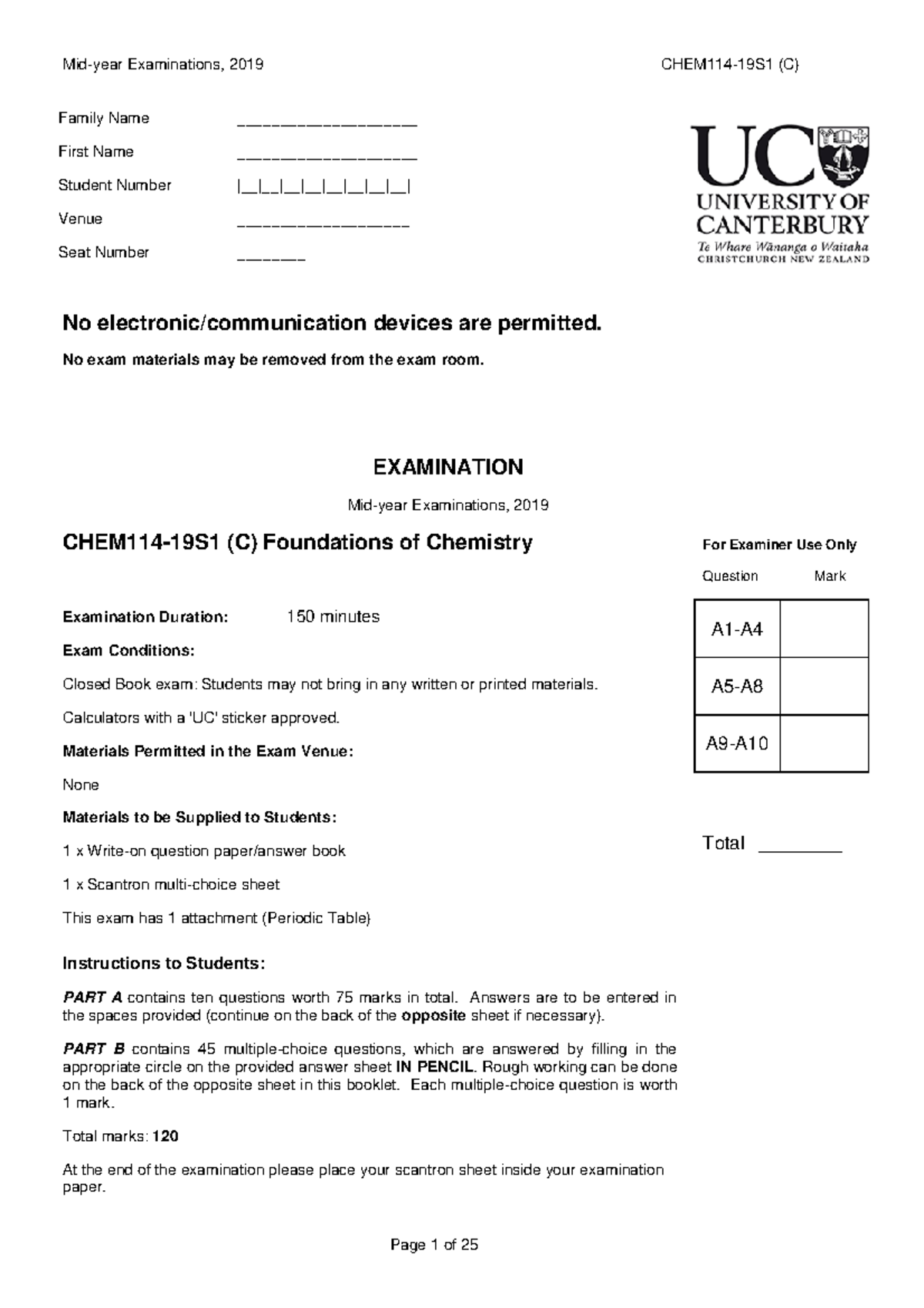 Chem114 2019 Exam Script - Mid-year Examinations, 2019 CHEM114-19S1 (C ...