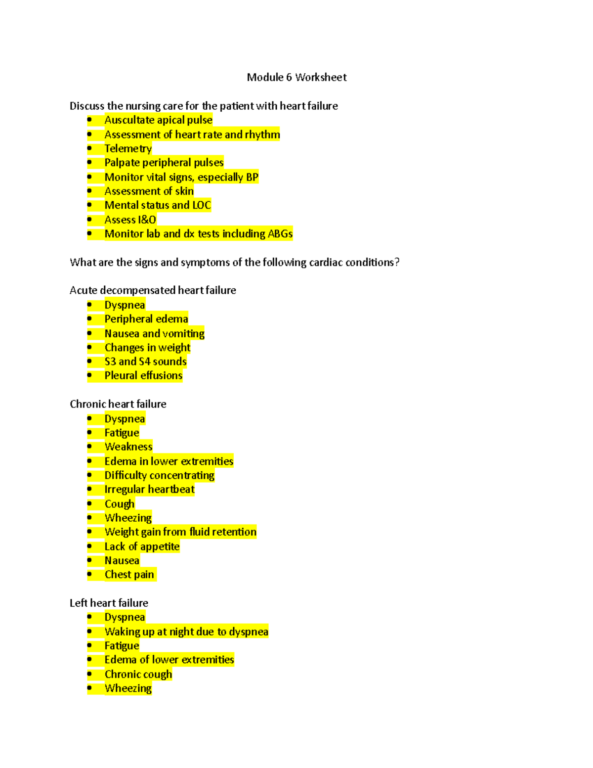 CHF Worksheet - Cardiac heart failure notes general med-surg. - Module ...