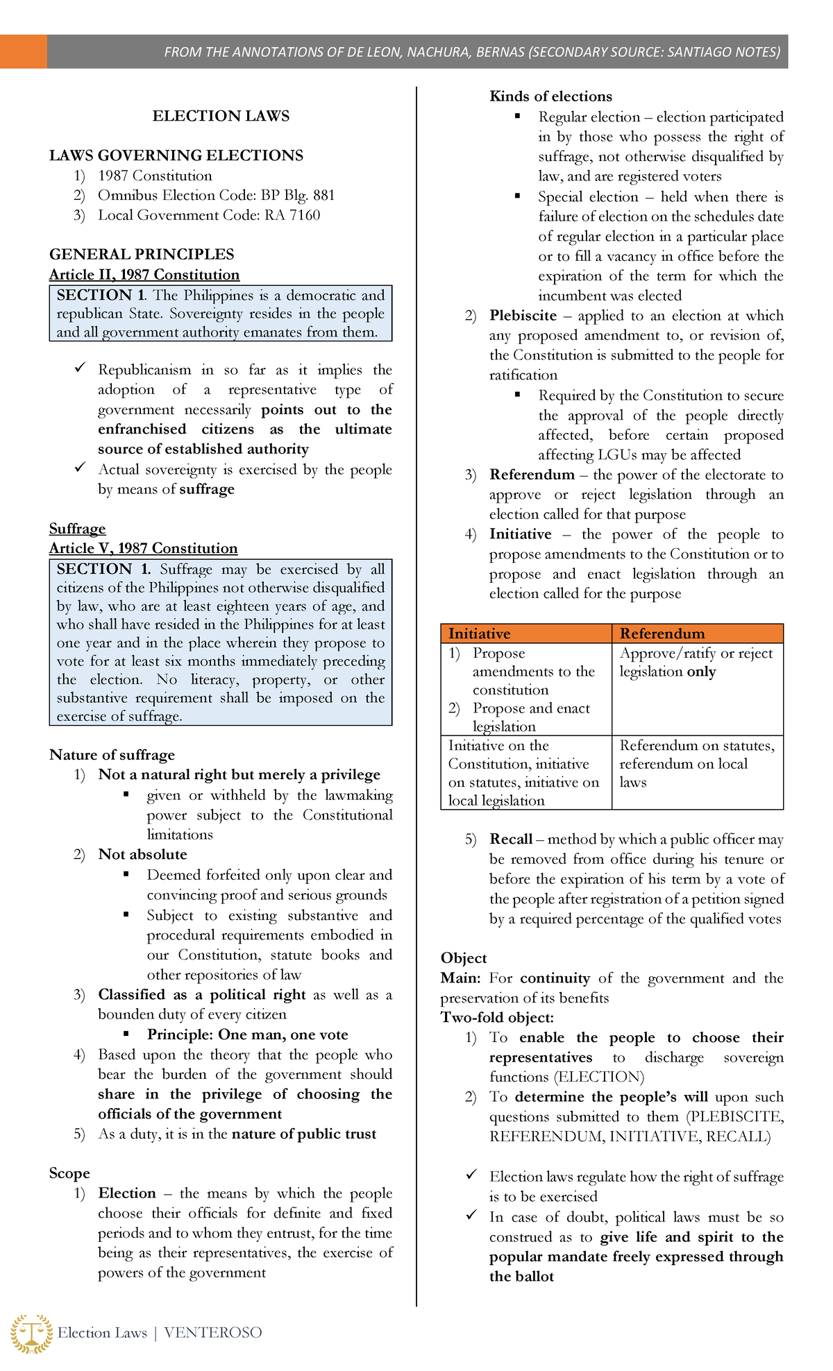 Election Laws (V Notes) - ELECTION LAWS LAWS GOVERNING ELECTIONS 1987 ...