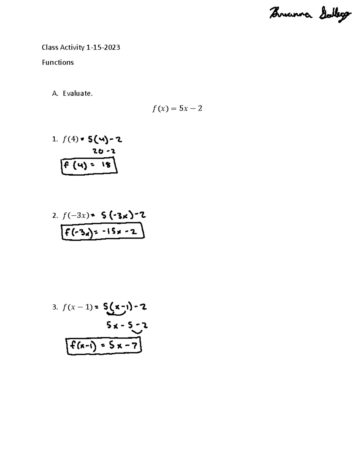 Class Activity 1 17 functions Review - MATH 033 - Class Activity 1- 15 ...