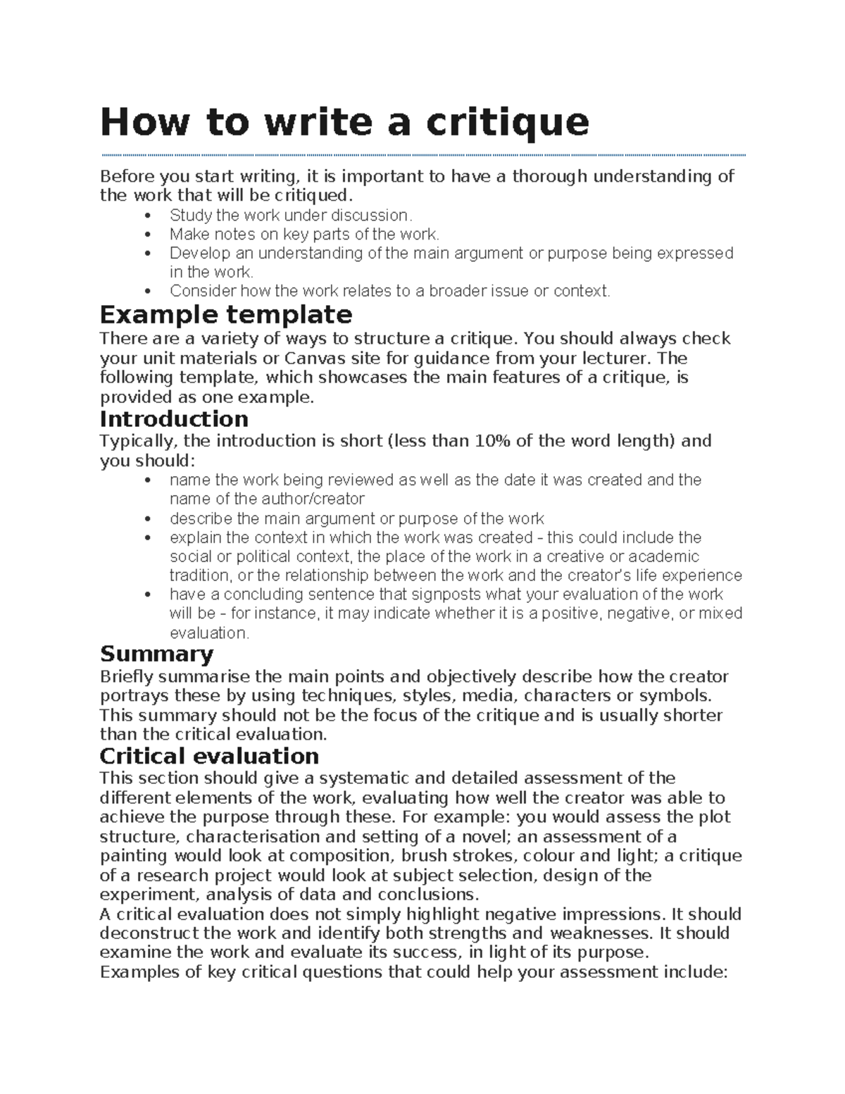 Template - How to write a critique - How to write a critique Before you ...