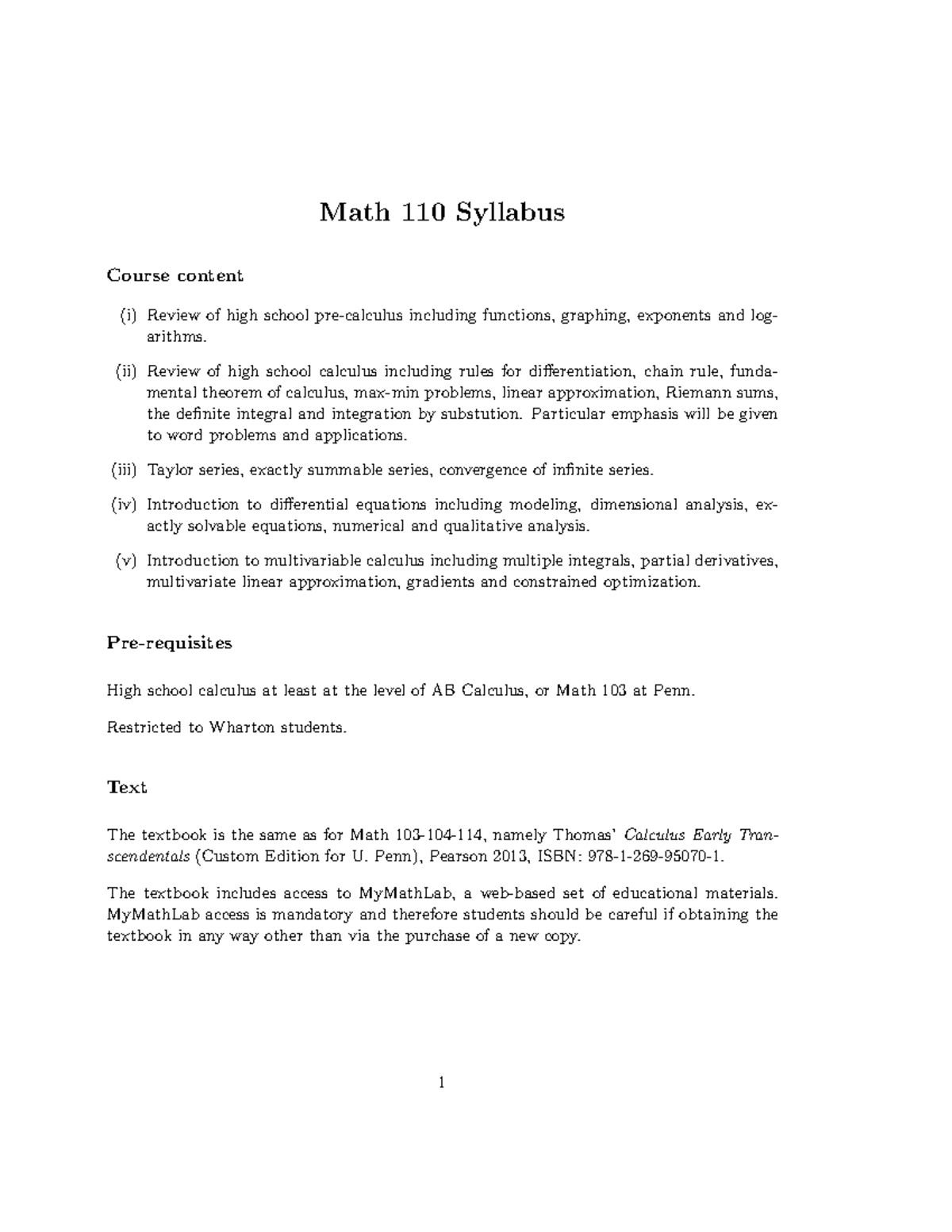 Math110syllabus - Practice note - Math 110 Syllabus Course content (i ...