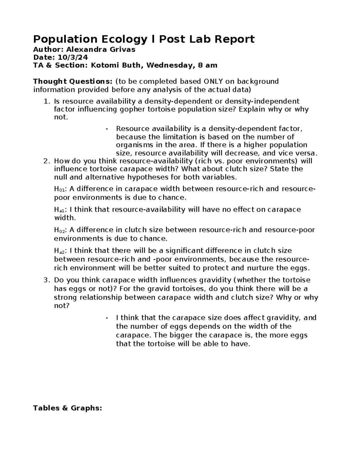 Ecology post lab 4 - post lab 4 - Population Ecology l Post Lab Report Author: Alexandra Grivas ...