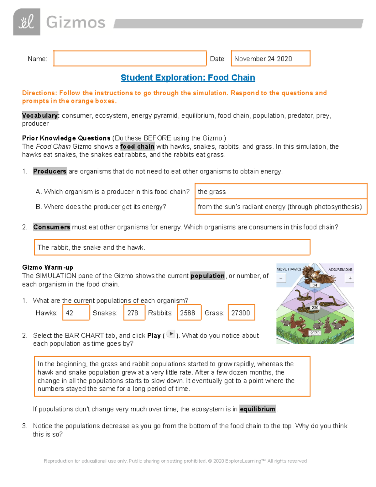 Food Chain Student Gizmo Handout - Name: Date: November 24 2020 Student ...