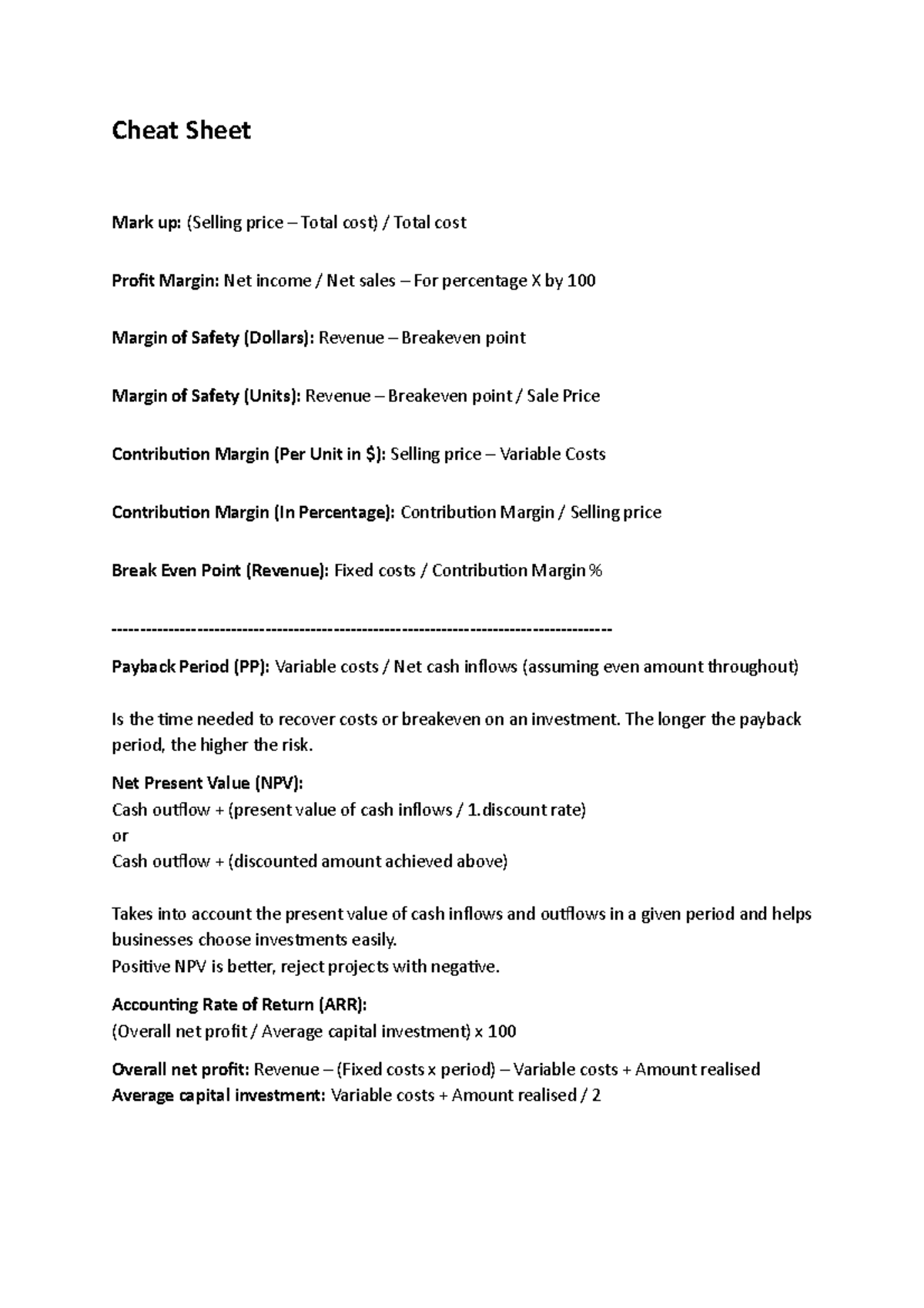 Cheat Sheet - Summary of all weeks - Cheat Sheet Mark up: (Selling ...