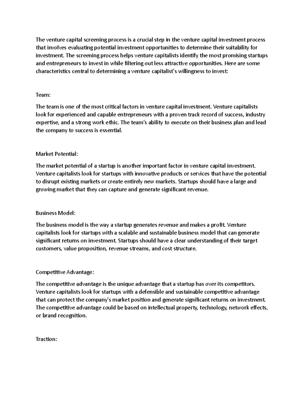 K17 - Notes describing the venture capital screening process and list ...