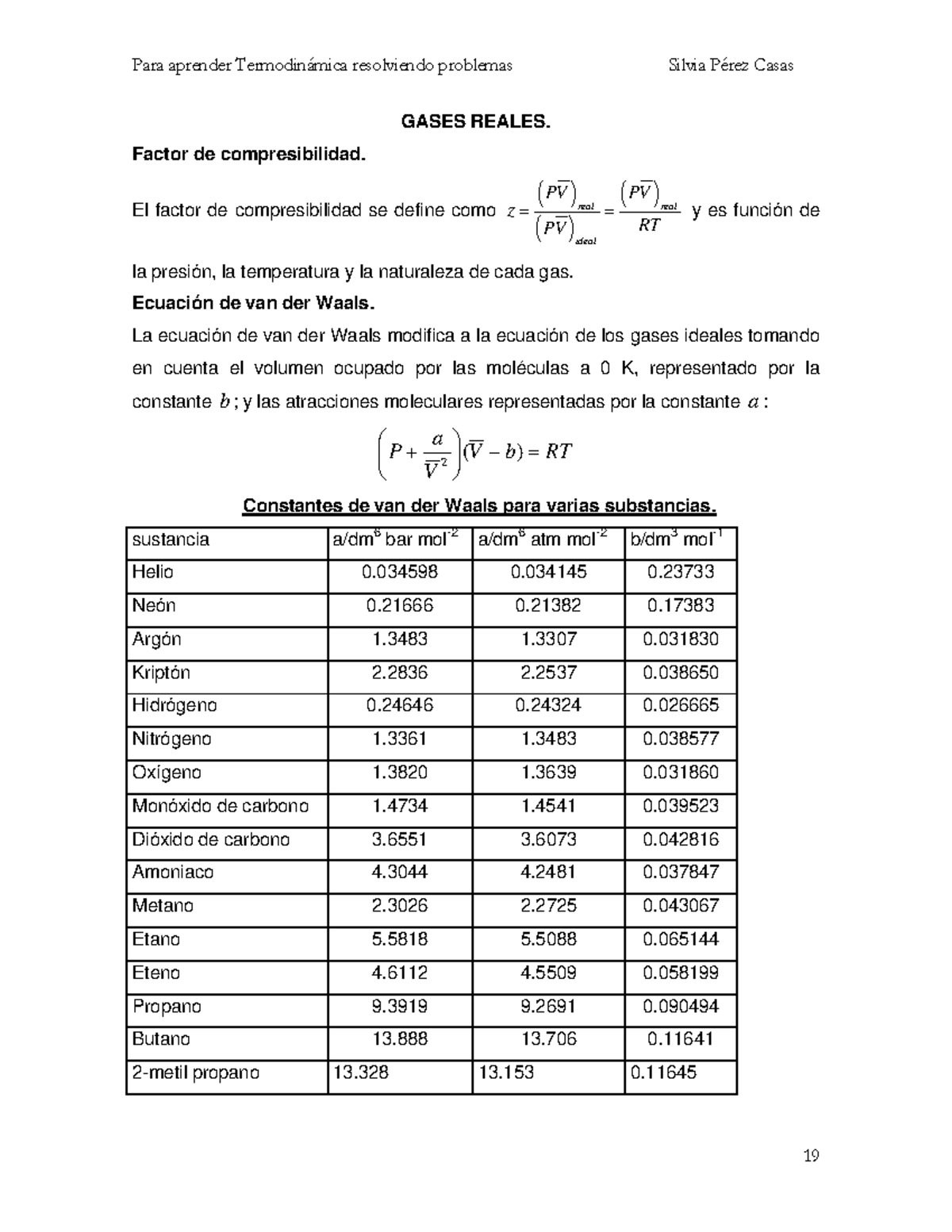 Tabla de Van Der Walls - GASES REALES. Factor de compresibilidad. El ...