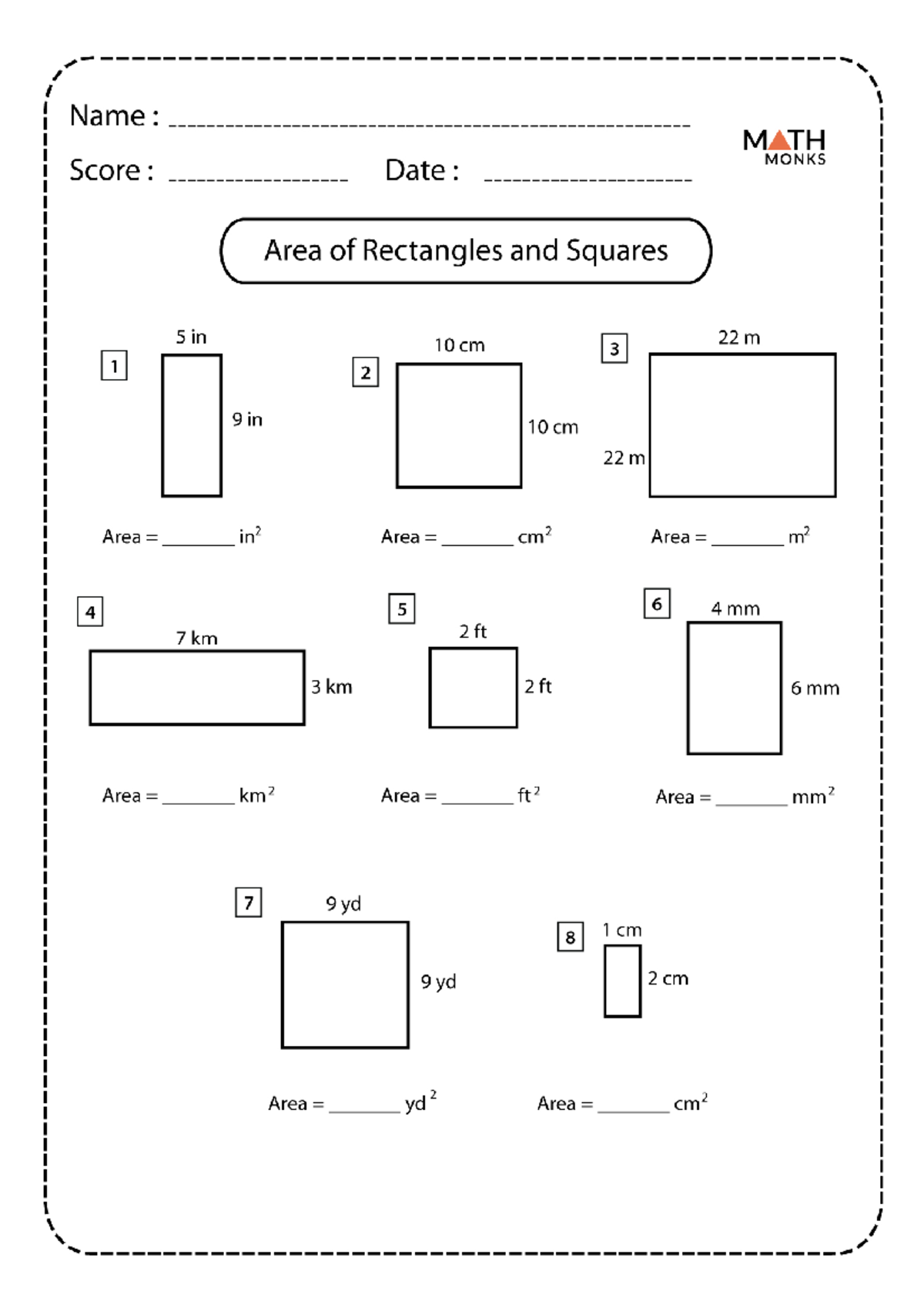 Area of Rectangles and Squares Worksheet - Bachelor of Secondary Education - Studocu