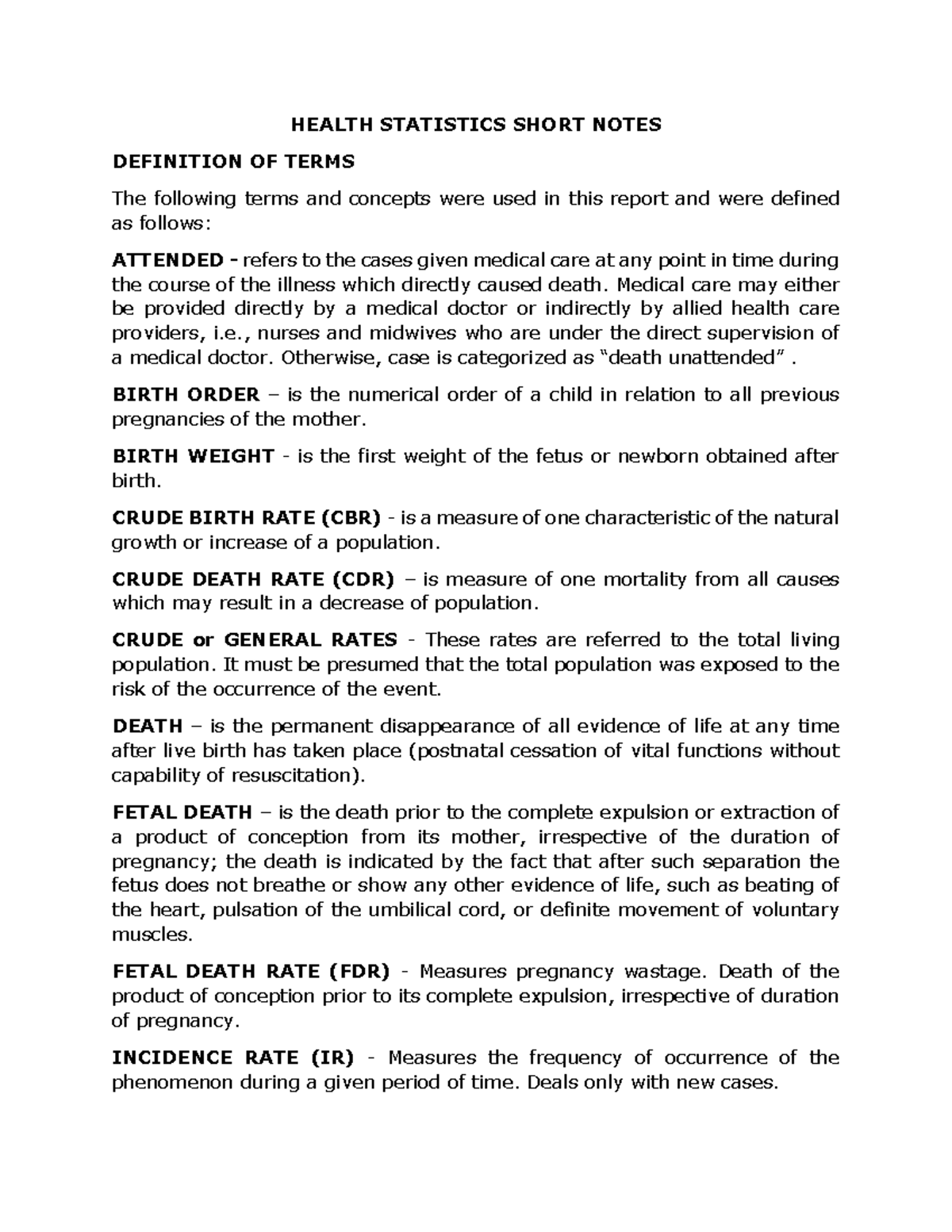 Health Statistics Short Notes - HEALTH STATISTICS SHORT NOTES ...