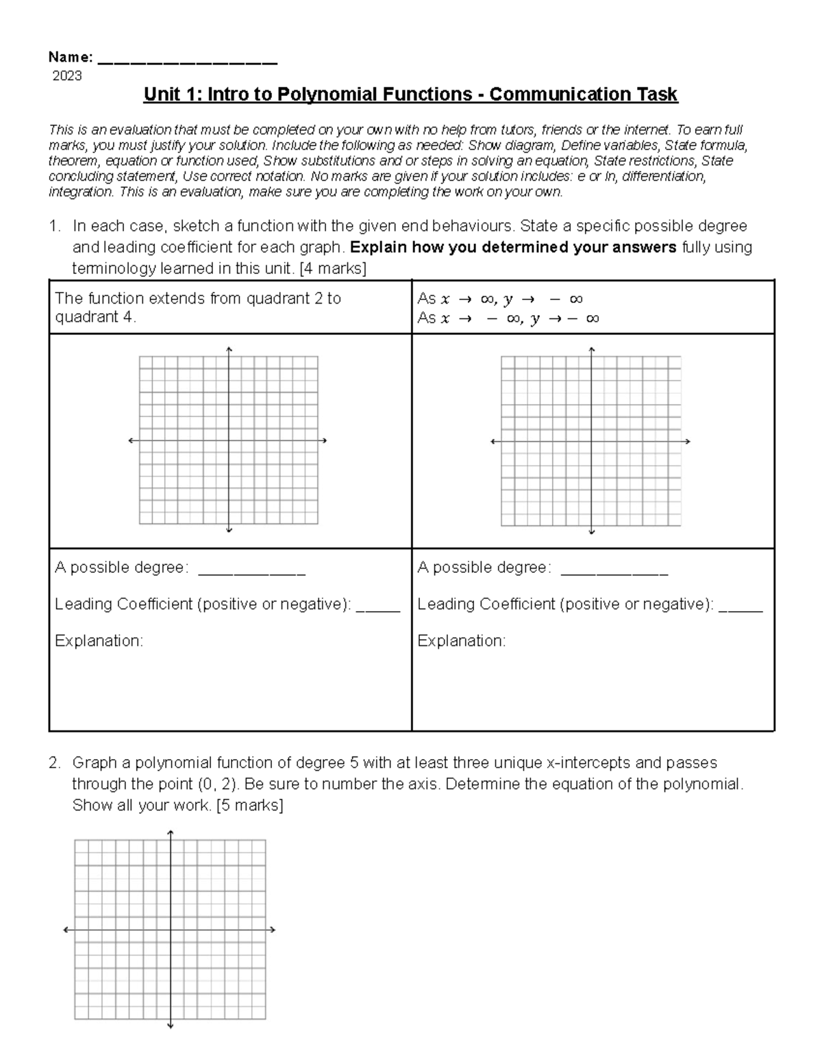 Task 1 - Communication July 2023 - Name: ______________________ 2023 Unit 1: Intro to Polynomial ...