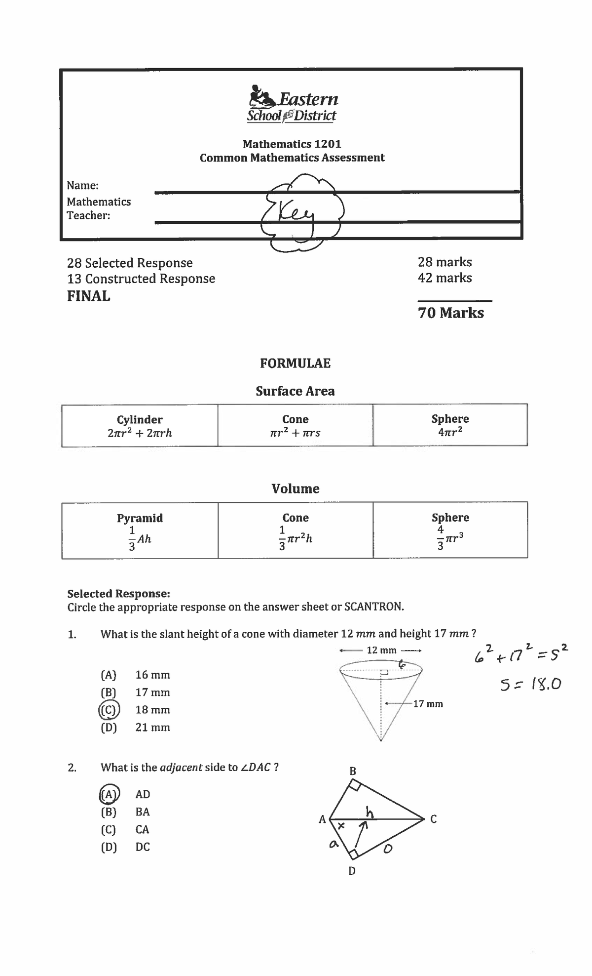 Sample exam - Final exam review - Mum SchooiﬂDistrid Mathematics 1201 ...