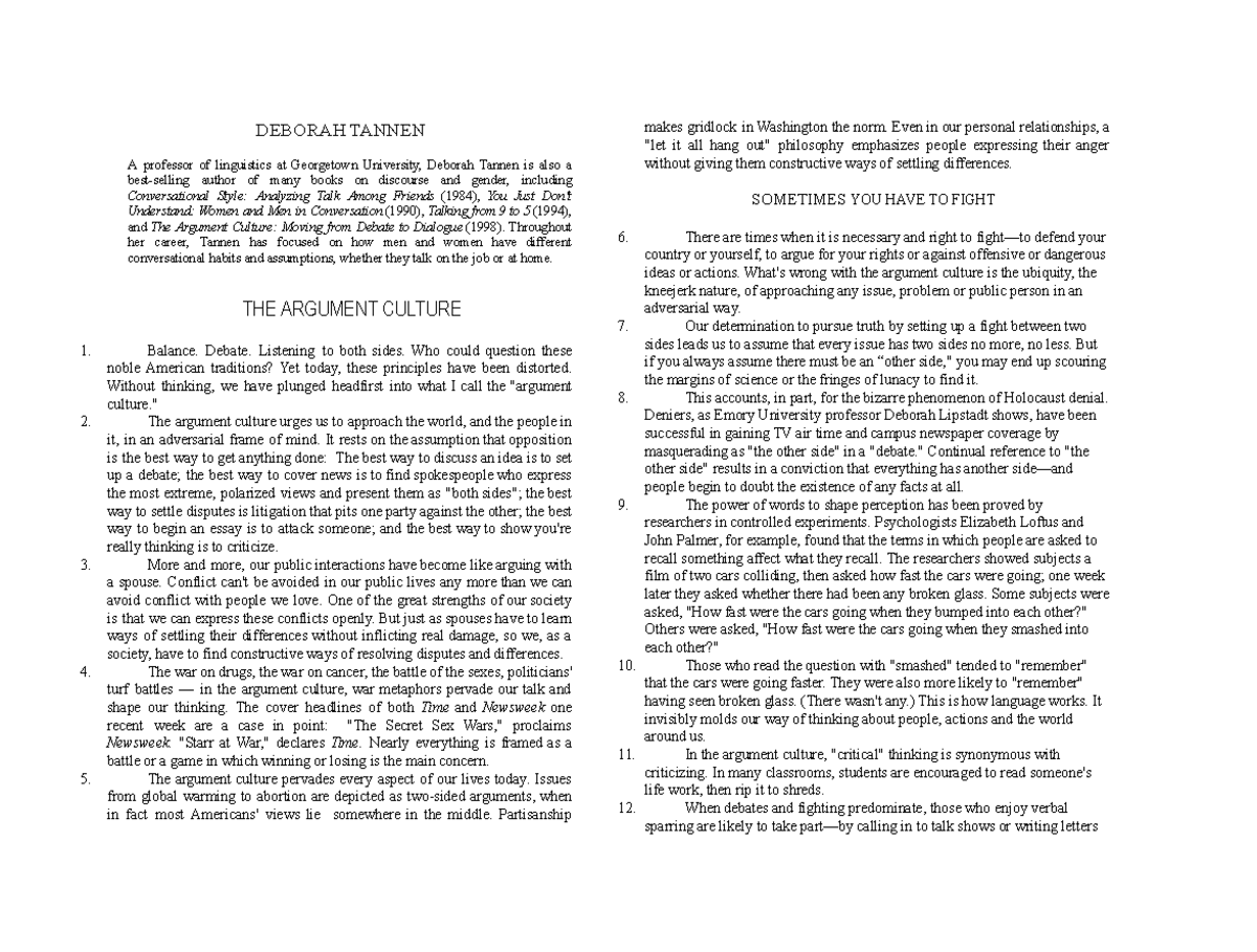 Deborah- Tannen Argument-Culture - DEBORAH TANNEN A professor of ...