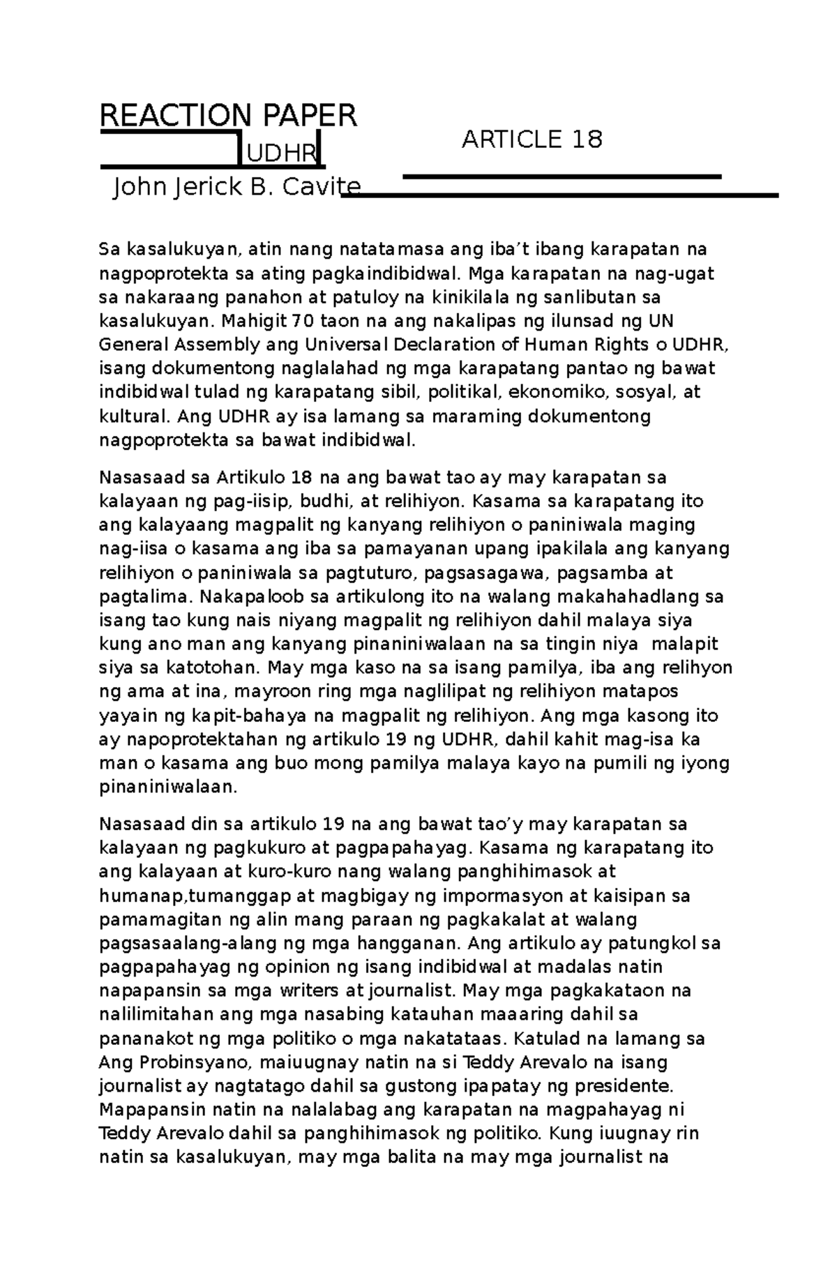 Reaction Paper_UDHR - REACTION PAPER UDHR John Jerick B. Cavite Sa kasalukuyan, atin nang ...