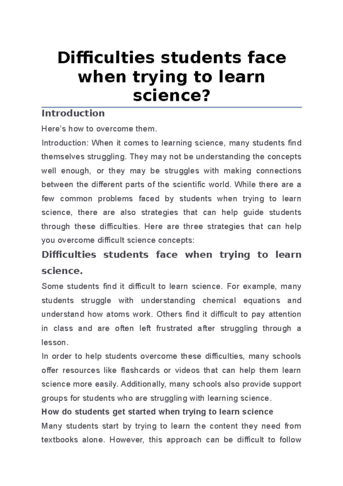 Difficulties students face when trying to learn science - Difficulties ...