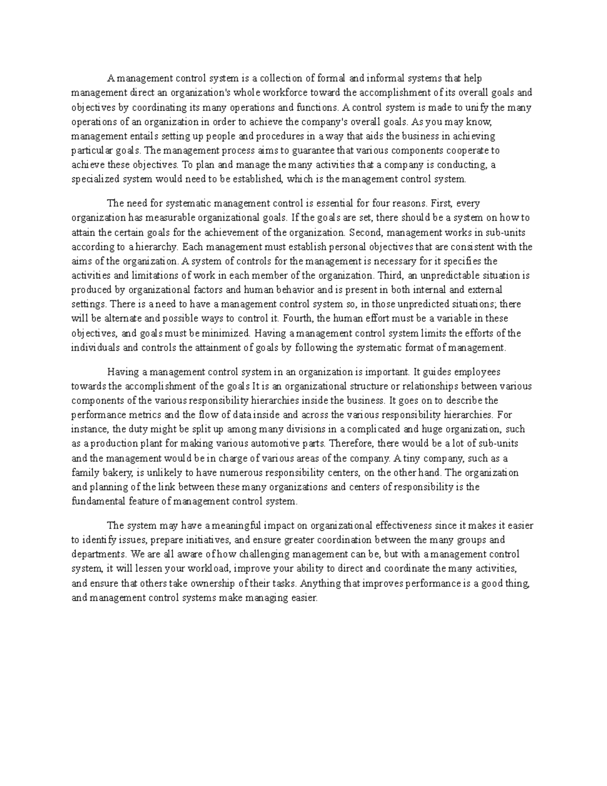 Week 1 - Essay - asasas - A management control system is a collection ...